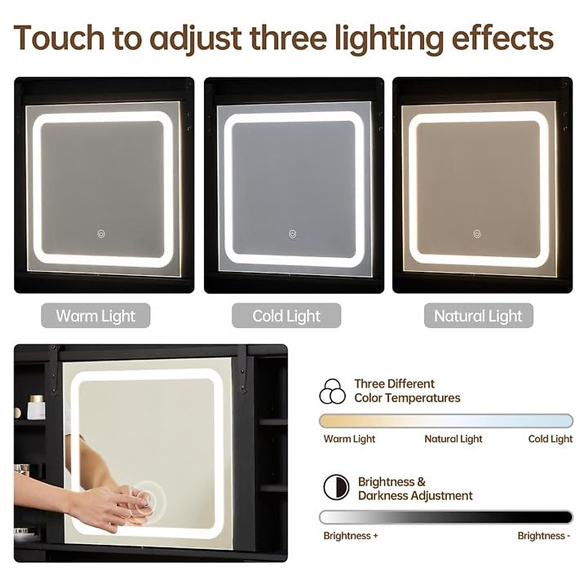 Farmhouse Makeup Vanity Desk with Electrical Outlet, Sliding Mirror and LED Lights, Adjustable Light Color Brightness, 42-Inch Tabletop Dresser, Multiple Storage Space, Dresser Set with a Stool, Black