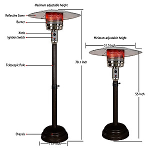 HQQ Outdoor Heaters 46000 BTU Umbrella natural gas patio heater for Natural Gas Adjustable Height Including 145-200cm(57-78in).Contains of 12-Foot-Long Natural Gas Hose.hammered Bronze