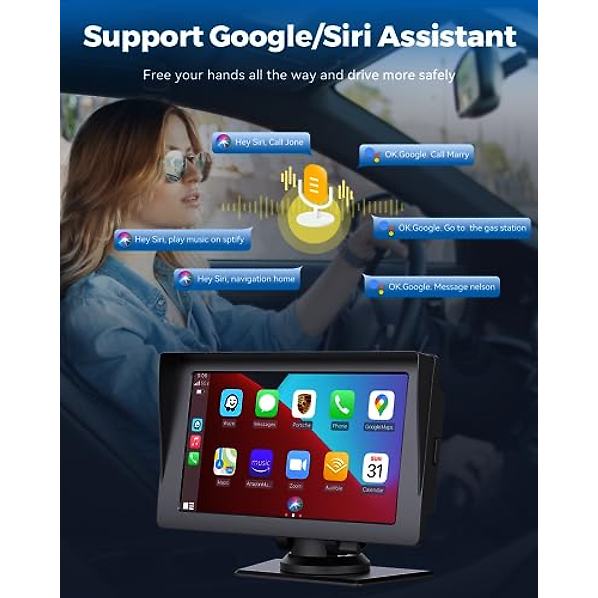 Portable Car Stereo Wireless Apple Carplay Android Auto with 7" HD IPS Touch Screen Car Radio Audio Receivers Bluetooth5.0, AirPlay, GPS Navigation for Car, Siri/Google Assistant, Calling, AUX/FM