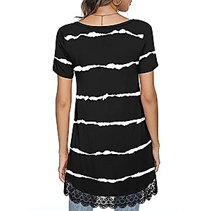 POPYOUNG Women's Summer Casual Short Sleeve Tunic Tops to Wear with Leggings V-Neck T-Shirt Loose Blouse,Lace Hem XL, Stripe Black