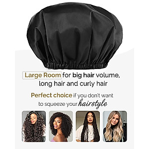 Yanibest Shower Cap for Women - Hair Satin Bonnet Shower Cap for Men Waterproof Extra Large Double Layer Reusable Adjustable for Braids Long Hair (Large,Black)