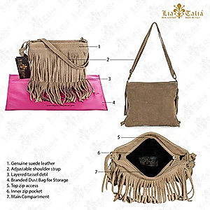 LiaTalia Womens Fringe Handbag - Real Italian Suede Leather - Cross-Body Messenger Bag (SmallMini Size) - ASHLEY [Navy]