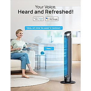 Dreo Smart Tower Fans for Bedroom, 90° Oscillating Fans for indoors, 5 Speeds 4 Modes Max 26ft/s, 12H Timer, LED with Touch, Remote Control, 40" Quiet Bladeless Standing Floor Fan, Work with Alexa