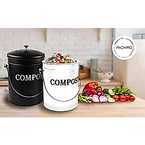 Compost Bin Kitchen 1.3 Gallon Smell Free Charcoal Filter Countertop Compost Bin with Lid - Stainless Steel Rust-Free Composting Bin for Kitchen Counter Compost Bucket Includes a Spare Filter (White)