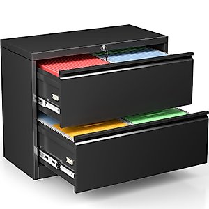 Bonusall Lateral File Cabinet 2 Drawer, Metal Lateral Filing Cabinet with Lock, Locking Horizontal Drawers File Cabinets for Legal/Letter / A4 / F4 Size for Home Office, Steel, Heavy Duty, Black