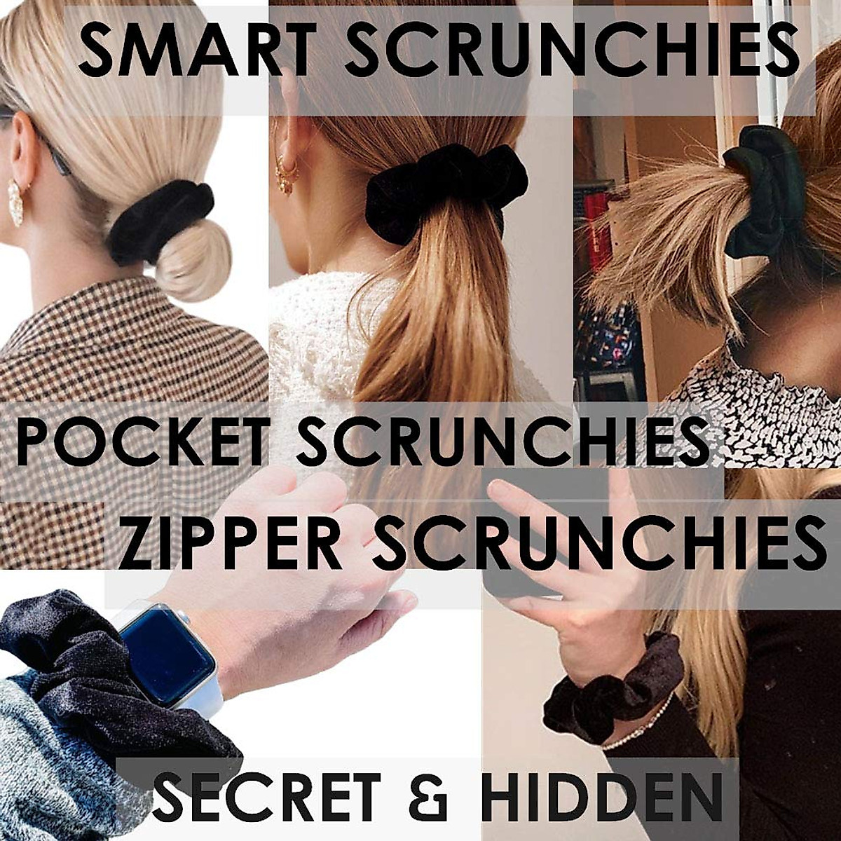 SUNEBOIZ Zipper Scrunchies, Pocket Scrunchie, SECRET & HIDDEN, Velvet Hair Ties Bracelet, Compatible with Apple AirPods 3&2&1, Key Money Chapstick Storage Bag, Elastics Hair Band (3PCS Black)
