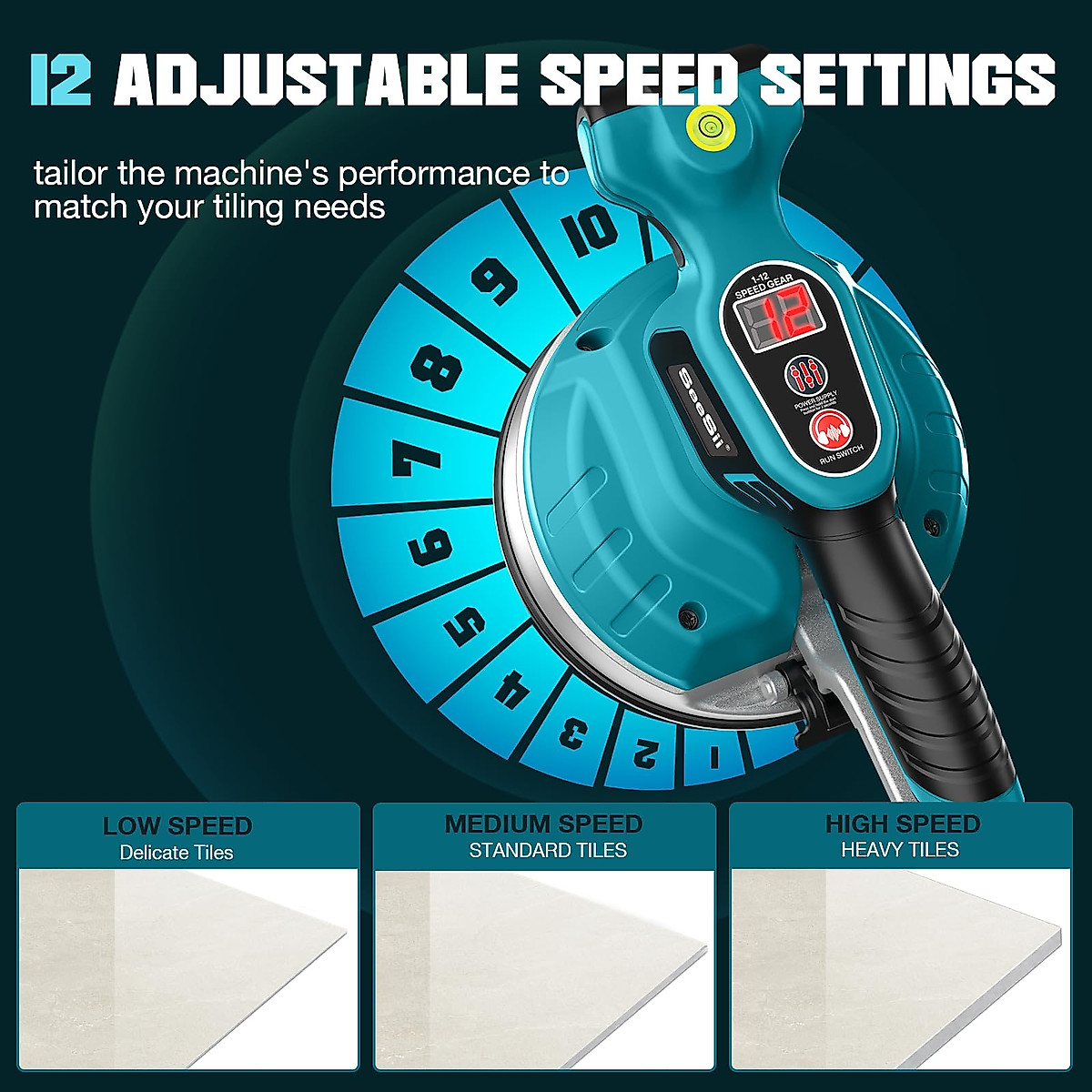 Seesii KP-160B Tile Vibration Tool, Cordless Tile Vibrator Leveling Machine with 2×2000mAh Batteries, 160mm Large Suction Strong Grip, 12-Speed Adjustable Tile Tools for Floor/for the Pro and DIY