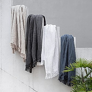 100% Cotton Waffle Blanket with Fringe, Pre-Washed Waffle Weave Blanket for All Season, Lightweight Breathable Soft Cozy Throw Blanket for Couch, Bed, Travel (Blue - 50x60 Inches)