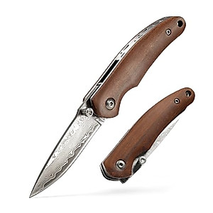 BARRYSAIL Damascus Small Pocket Knife, Folding Knife with 2.4 Inch Blade, Liner Lock, Wood Handle for EDC, Outdoor Camping, Survival