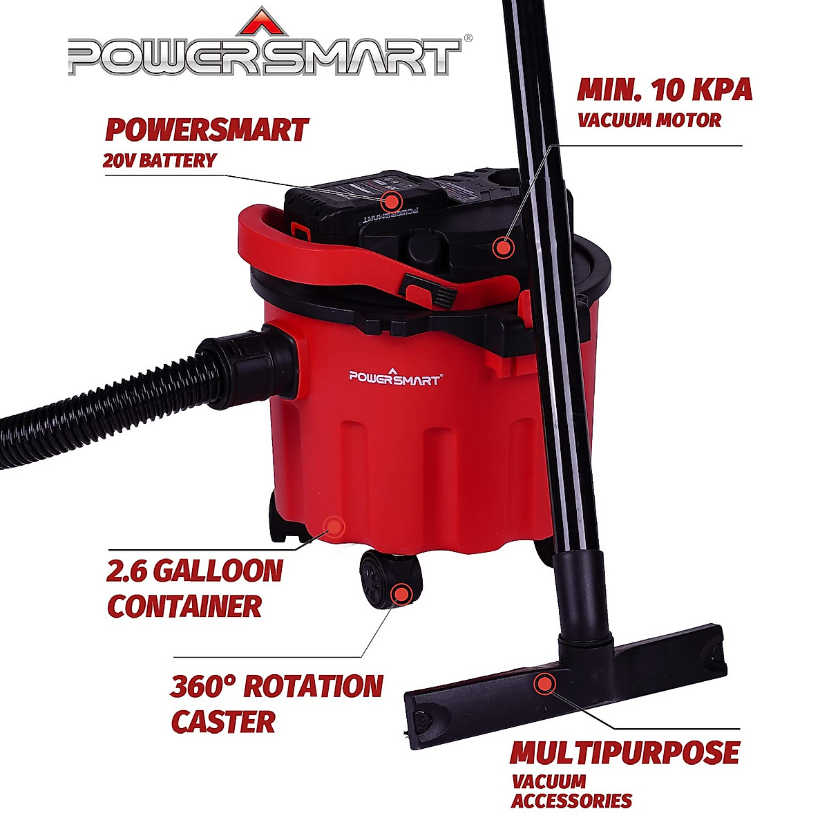 PowerSmart Cordless Shop Vac Wet and Dry, 20V 4.0Ah Battery and Charger, 2.6 Gallon Wet Dry Shop Vacuum Cleaner with Blower Function