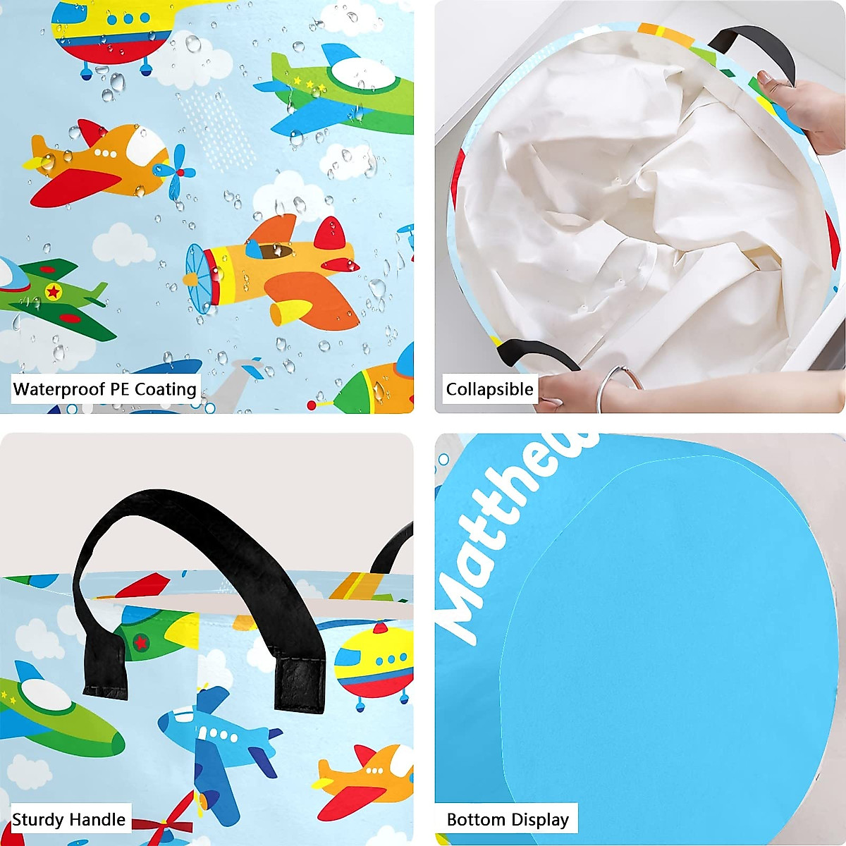 Personalized Laundry Basket Hamper,Airplane Blue Clouds,Collapsible Storage Baskets with Handles for Kids Room,Clothes, Nursery Decor