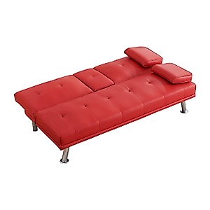 FIQHOME 67" Multifunctional Sofa 2 Cup Holders,Leather Loveseat Sleeper with Removable Armrests,Convertible Folding Couches Bed for Small Spaces,Red
