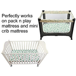 Pack n Play Sheets 2 Pack for Baby Unisex, Stretchy Jersey Knitted Portable Mini Crib Sheets Playard Mattress Cover for Baby Boys and Girls, Watercolor Green Botanical Leaf