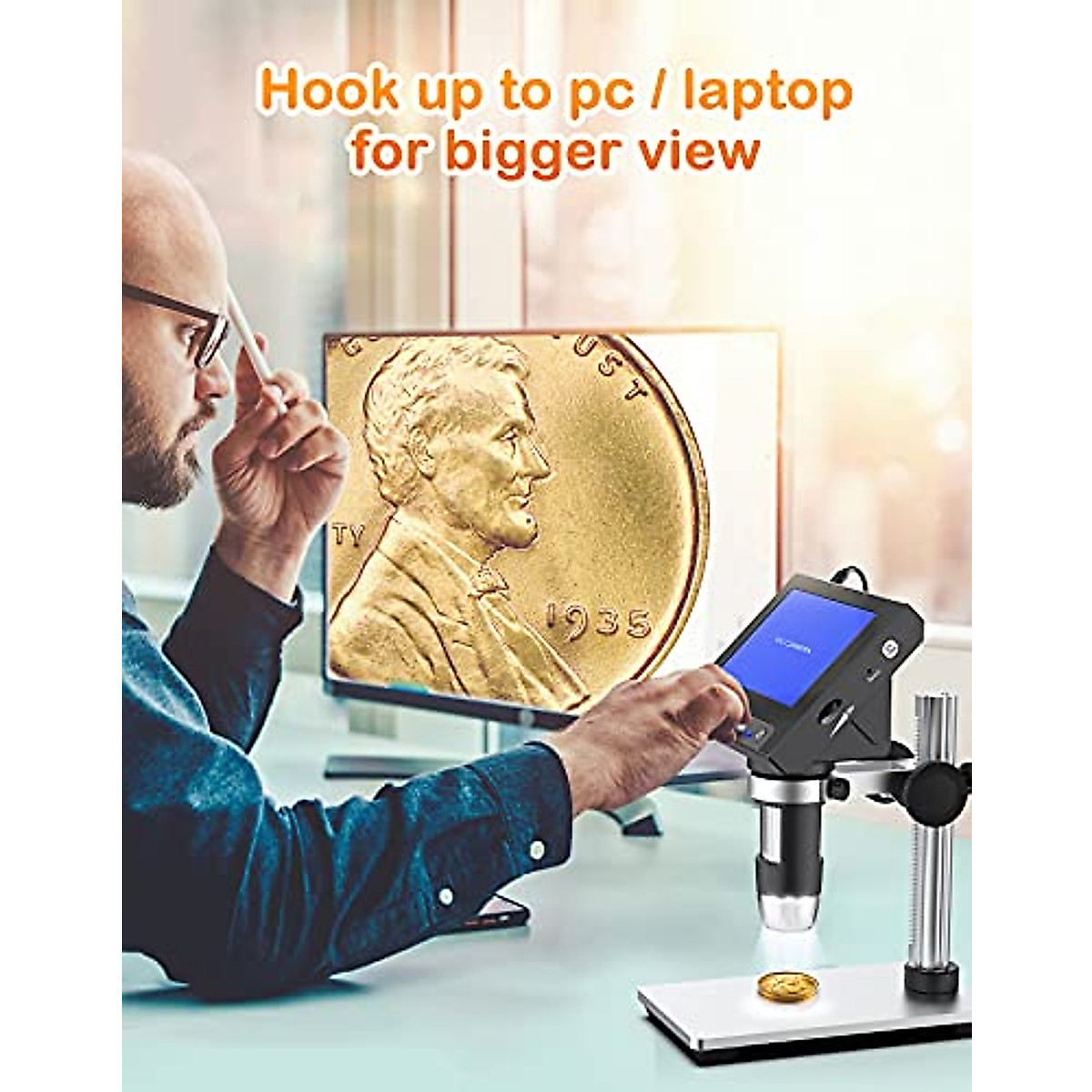 Coin Microscope, MOYSUWE 4.3 inch LCD Digital Microscope with Screen, Coin Microscope for Error Coins for Kids Adults - Metal Stand, 8 LED Lights, Compatible with Windows