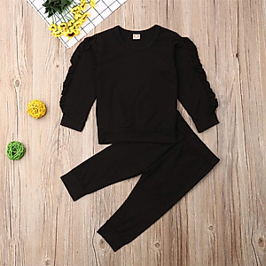 Infant Baby Girl Fall Winter Clothes Outfit Toddler Girl Long Sleeve Ruffle T-Shirt Tops Sweatsuit Pants 2Pcs Sleepwear Pajamas Set (Black, 2-3T)