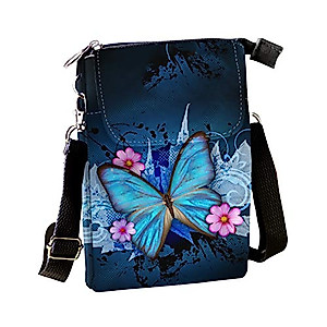 COEQINE Blue Butterfly Print Crossbody Shoulder Bags for Women Girls,Fashion Backpack Cell Phone Purse Pouch Mini Handbag Tote Bag