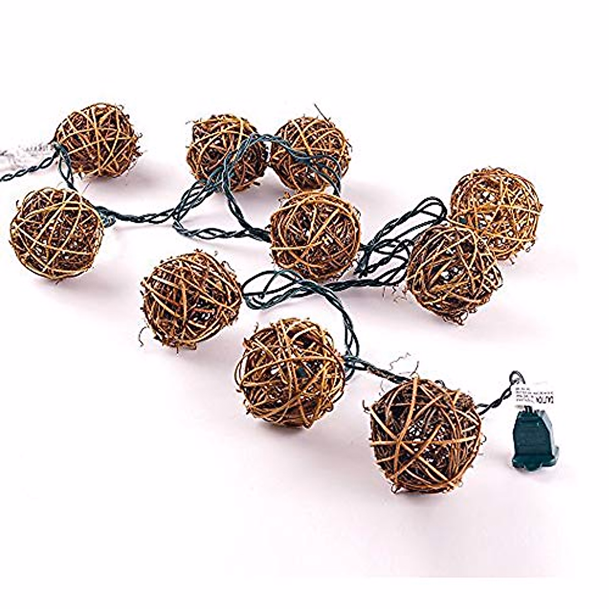 LIDORE 10 Counts Natural Rattan Balls String Light. Warm White Light for Patio, Wedding, Garden and Party Brown Rattan and Green Cord (Rattan)