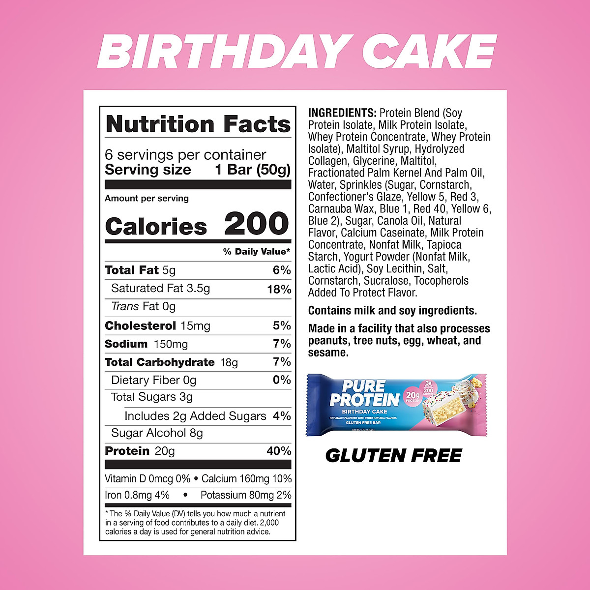 Pure Protein Bars, High Protein, Nutritious Snacks to Support Energy, Low Sugar, Gluten Free, Birthday Cake, 1.76 Ounce (Pack of 6)
