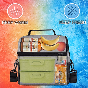 Naukay Lunch Box for Men Women, Dual Compartment Lunch Bag, Reusable Insulated Lunch Bags Large Lunch Box Cooler Tote Bags with Adjustable Shoulder Strap for Office Work Picnic Hiking Fishing, Grey