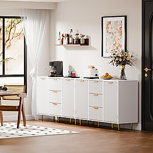 Cozy Castle 47.2" Buffet Cabinet, Large Coffee Bar Cabinet, Glossy Fluted Accent Sideboard with Adjustable Shelves, Credenza with Doors and Drawers for Living Room, Hallway, Kitchen, White