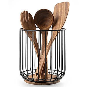 getstar Kitchen Utensil Holder, Large Wire Utensil Holder for Kitchen Counter (W6.2” x H7.5”) with Acacia Base
