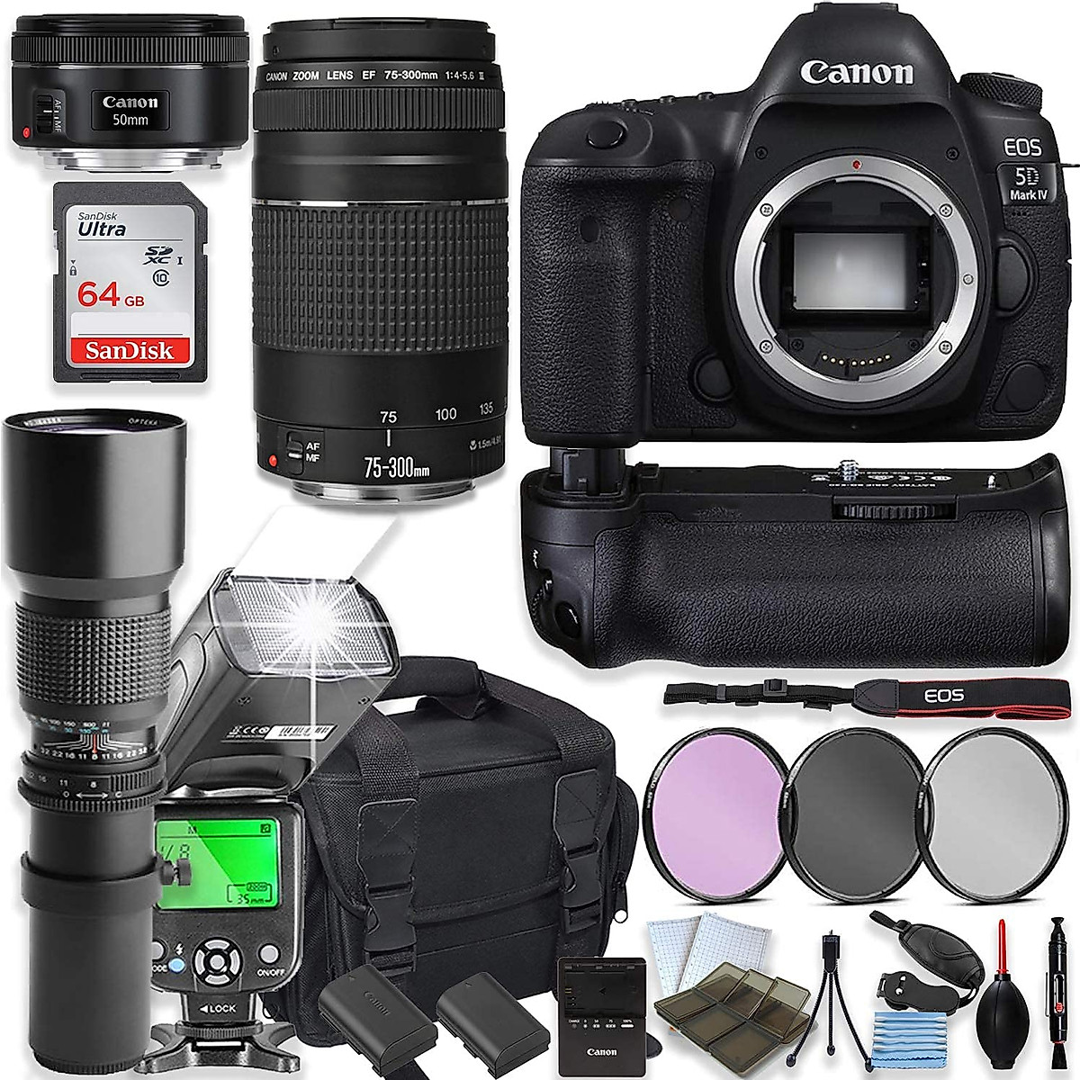 Canon EOS 5D Mark IV DSLR Camera with Canon 75-300mm Lens and 50mm Lens + 500mm Preset Telephoto Lens + 64GB Memory + Camera Case + 2 Batteries + Power Battery Grip + Professional Accessory Bundle