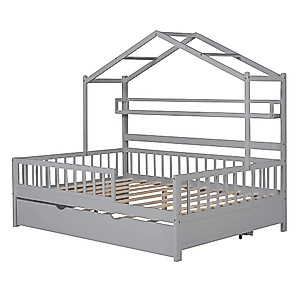 Full Size House Bed with Trundle and Storage Shelves, Montessori Bed Full Platform Bed with Roof, Tent Bed, Solid Wood Playhouse Bed Frame for Kids Teens Girls Boys (Full, Gray)