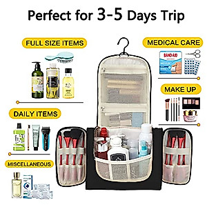 OMYSTYLE Hanging Travel Toiletry Bag for Women and Men, Hygiene Bag, Womens Bathroom and Shower Kit Organizer for Toiletries Cosmetic Makeup Shampoo Brushes (Black, Medium Size)