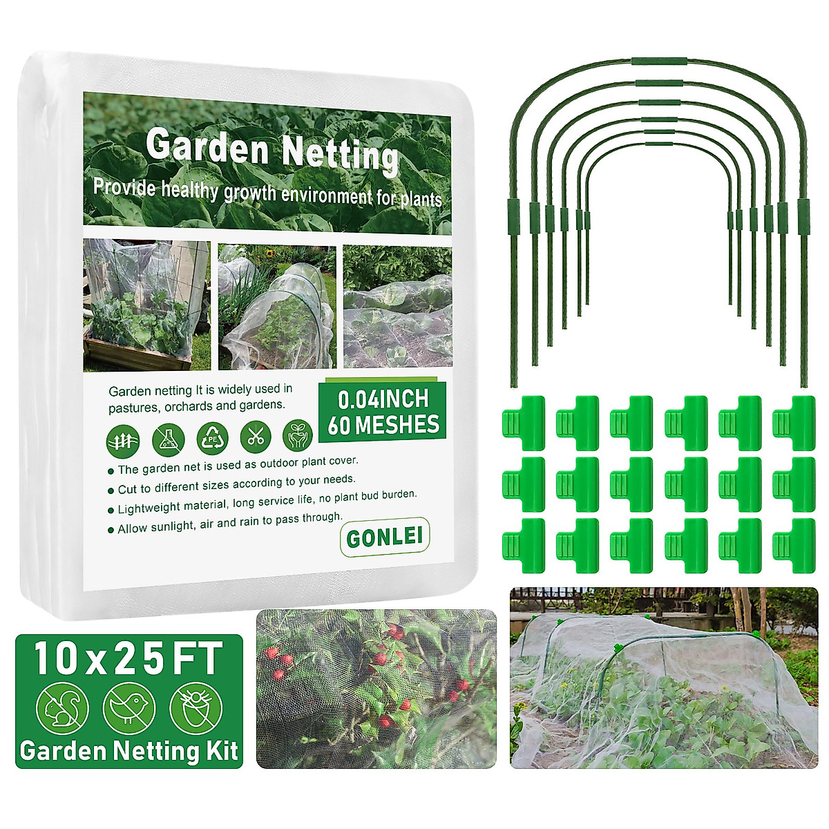 GonLei 10x25FT Garden Mesh Netting Kit Raised Beds (6 Pcs Garden Hoops & 18 Clips) Garden Hoops Plant Row Covers Netting Protection Berry Bush Trees Grass Seed Barrier Net