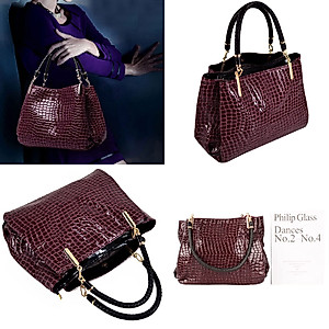 Women Large Alligator Pattern Faux Leather Top-handle Bag Evening Party Handbag Travel Tote Crocodile Dark Red