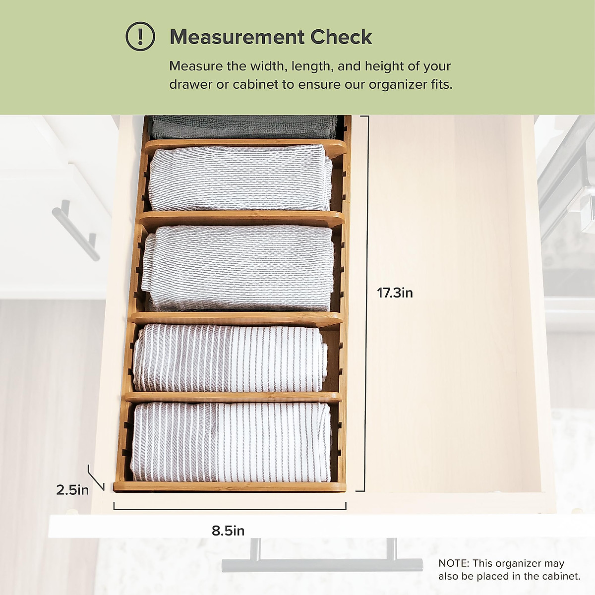 KitchenEdge Bamboo Kitchen Towel and Food-Storage Organizer, Perfect for Kitchen Drawers, Cabinets, Pantry, 5 Adjustable Wall Inserts, Organize & Store Plastic Food Containers