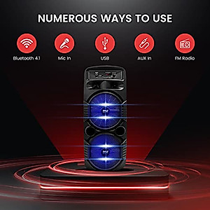 Pyle Portable Bluetooth PA Speaker System - 600W Rechargeable Outdoor Bluetooth Speaker Portable PA System w/ Dual 8” Subwoofer 1” Tweeter, Microphone In, Party Lights, USB, Radio, Remote - PPHP2835B