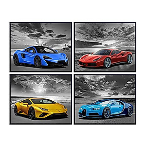 Lamborghini McLaren Ferrari Bugatti Wall Art - Boys Room Decor - Race Car Decor - Sports Car Posters Set - Man Cave Decor - Garage Wall Decor - Bar Wall Decor - Coastal Ocean Beach Theme