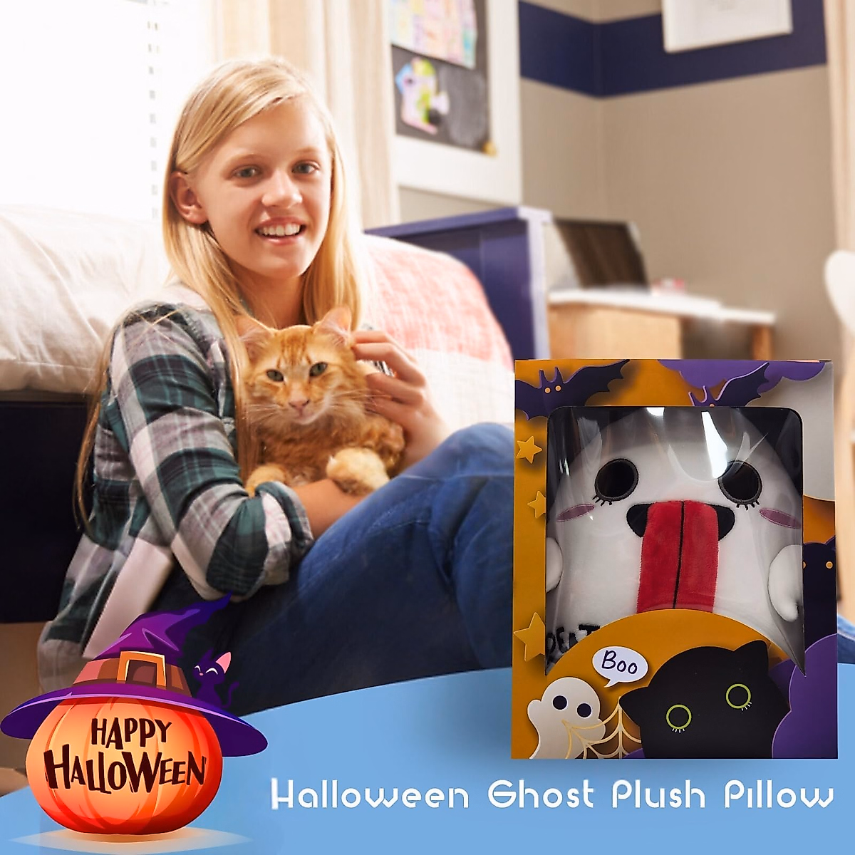 GSJNG Double Sided Halloween Ghost Plush - 9.4 inches Trick or Treat Spooky Stuffed Animal Plush Ghost Pillow Halloween with Themed Packaging, Ideal for Halloween Lovers, Kids, and Adults Alike