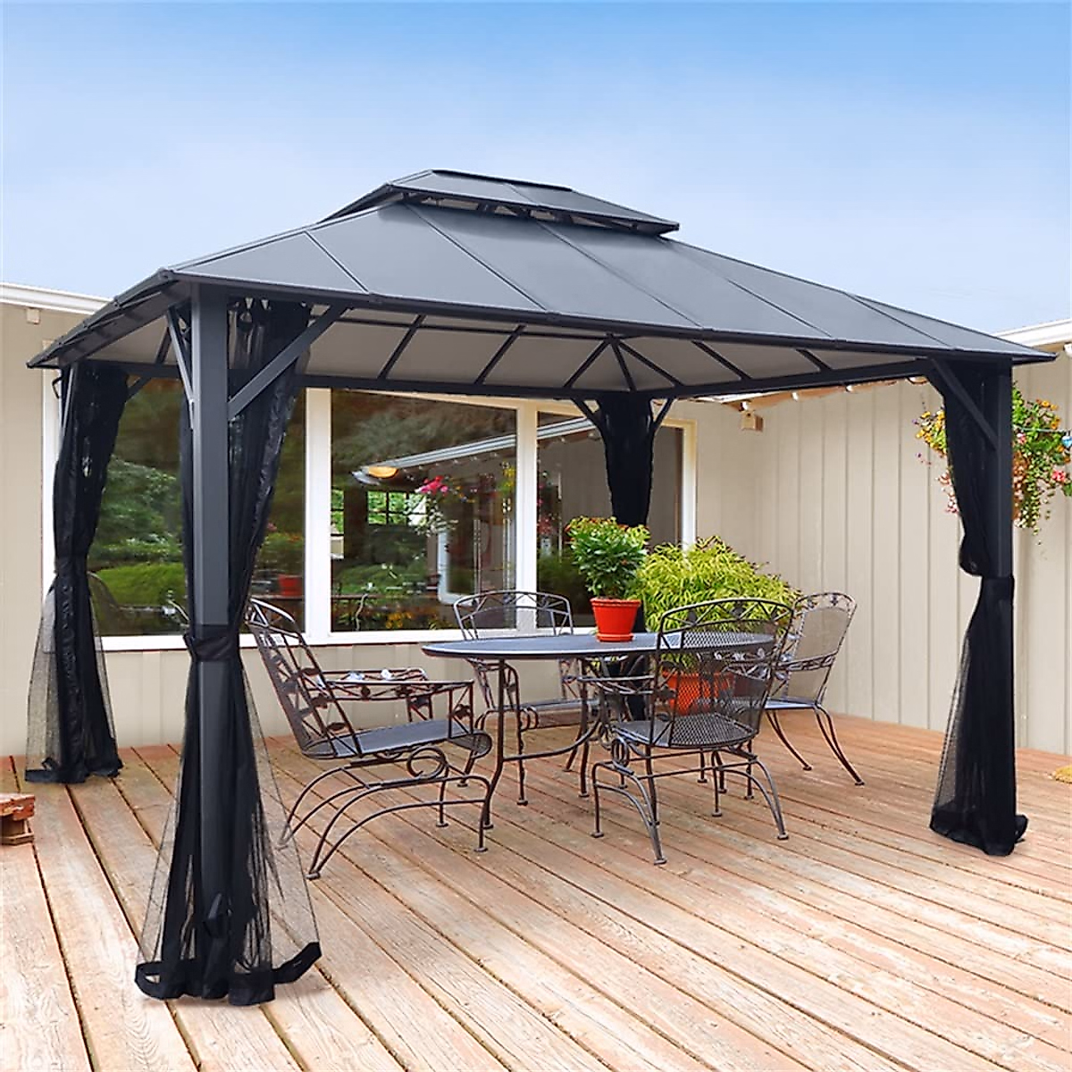 ZZBJ 12 ft. x 10 ft. Aluminum Hardtop Outdoor Patio Gazebo with Insulated Double-Roof Hardtop and Netting