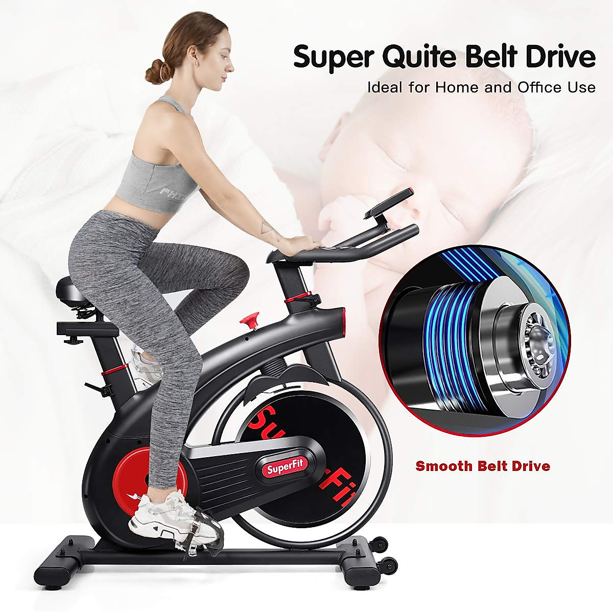 GYMAX Indoor Exercise Cycling Bike, Stationary Bike with 20lbs Steel Flywheel & Heart Rate Monitor, Silent Operation for Home, Gym, Office (Black+Red)