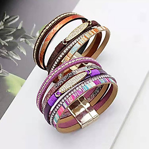 MUERDOU Inspirational Tree of Life Leather Bracelets for Women Cross Boho Jewelry Wristbands Wrap Cuff Bracelets Gifts for Women Purple Zircon