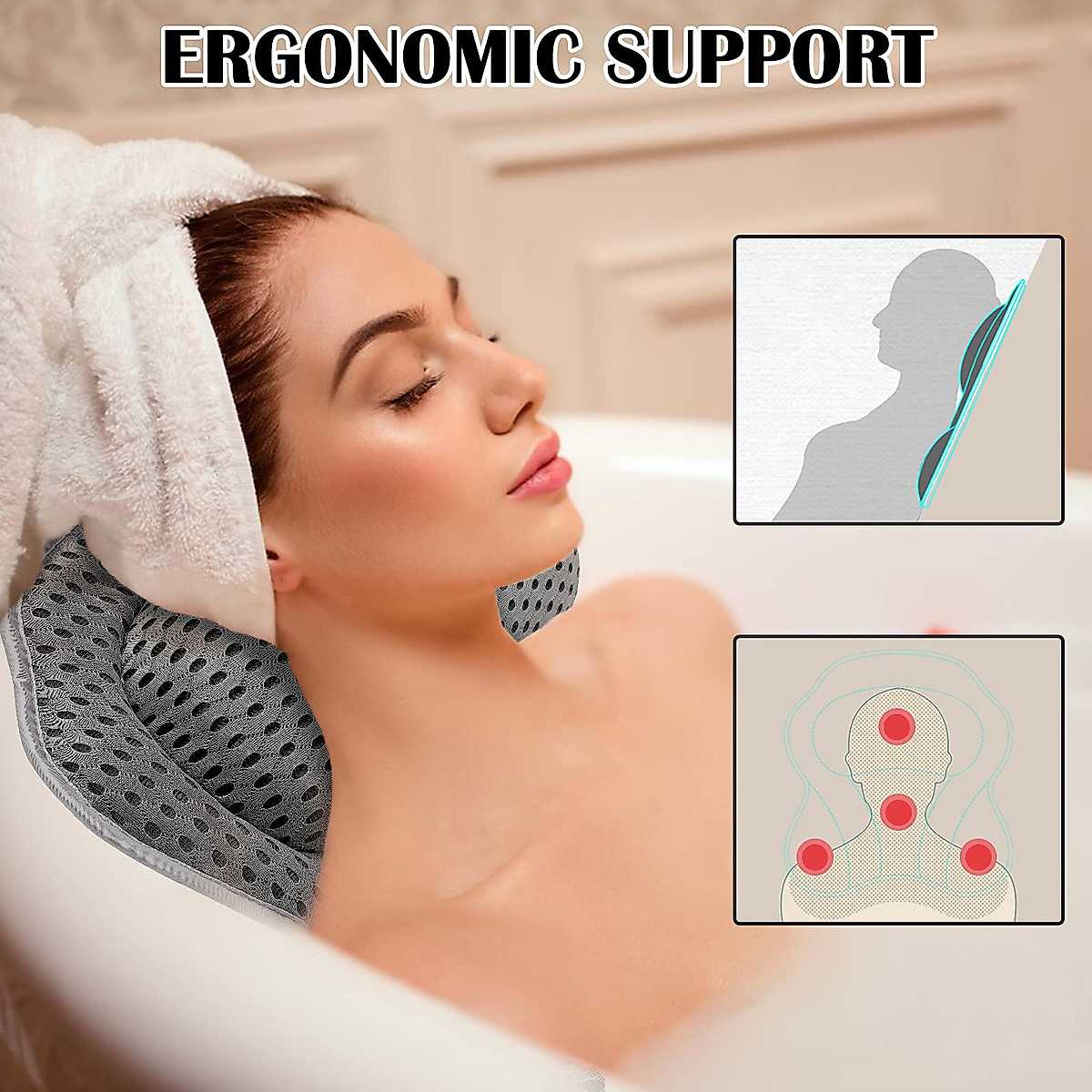 Bath Pillow Spa Bathtub Pillow with Non-Slip Suction Cups, Head, Neck, Back & Shoulder Rest Support, Soft & Luxury Bathtub Cushion, Bath Pillow Fit Hot Tub, Bathtub (Grey 4D Luxury Bath Pillow)