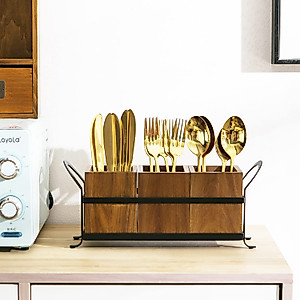 NelyBet Utensil Caddy Silverware Cutlery Holder with 3 Compartment , Wooden Utensil Crock Flatware Organizers with Metal Tray , Rustic Kitchen Utensil Organizers Storage Box usded for Farmhouse Kitchen Decor and Countertop