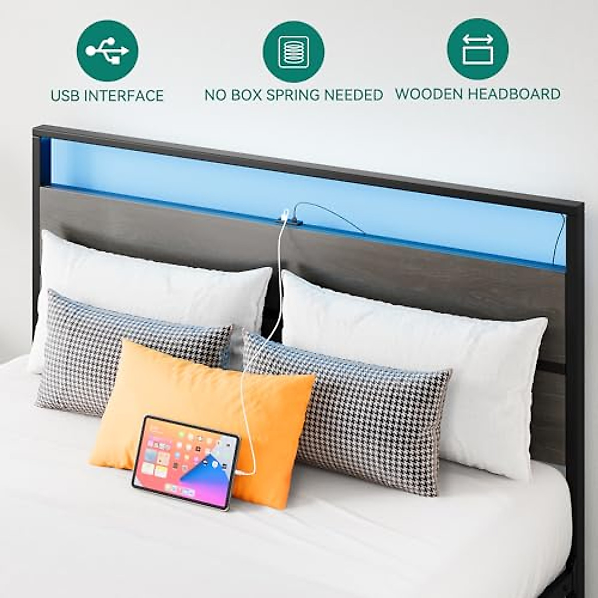 YITAHOME Queen Size Bed Frame, LED Bed Frame with 2 USB Ports, Platform Bed Frame with 10.2” Under Bed Storage Clearance, Strong Metal Slats Support, No Box Spring Needed, Black Brown