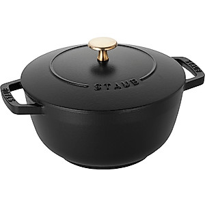 staub Wa-NABE 40501-009 Wanabe Black L 20cm Two-Handed Cast Iron Pot, Rice Cooking, 3 Pieces, Induction Compatible