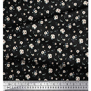 Soimoi Black Cotton Canvas Fabric Leaves & Rose Floral Print Fabric by The Yard 58 Inch Wide