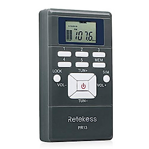 Retekess PR13 Portable FM Radio, Pocket FM Radio Receiver, AAA Battery Powered Personal Mini Stereo Radio with Earphone and Lock Key for Walking, Jogging, Mowing, Church, Tour Guide (Gray)
