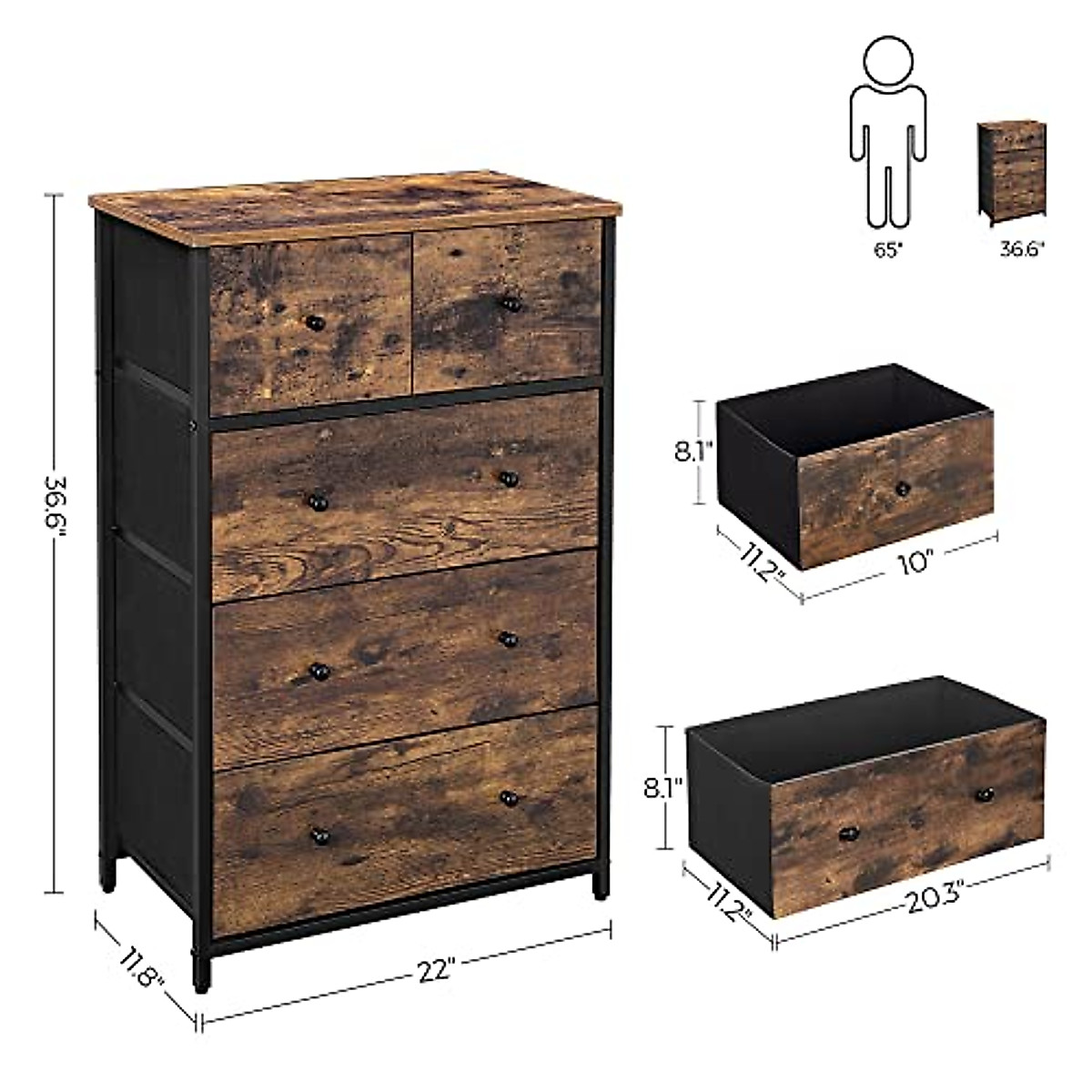 SONGMICS Drawer Dresser, Storage Dresser Tower with 5 Fabric Drawers, Wooden Front and Top,5 Drawers Style Dresser Unit, for Living Room, Hallway, Nursery, Brown and Black ULGS45H