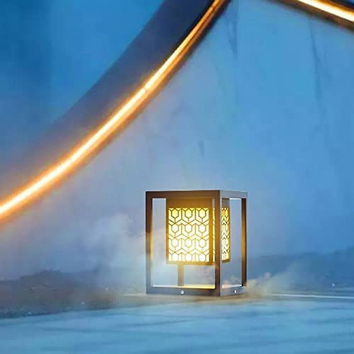 Mrdsre Chinese Style Solar Column Lights Black Finish Square Solar Column Light Post Lantern Stainless Steel Waterproof Outdoor Light Rainproof Waterproof Pillar Lamp Courtyard Lamp Garden Villa Lands