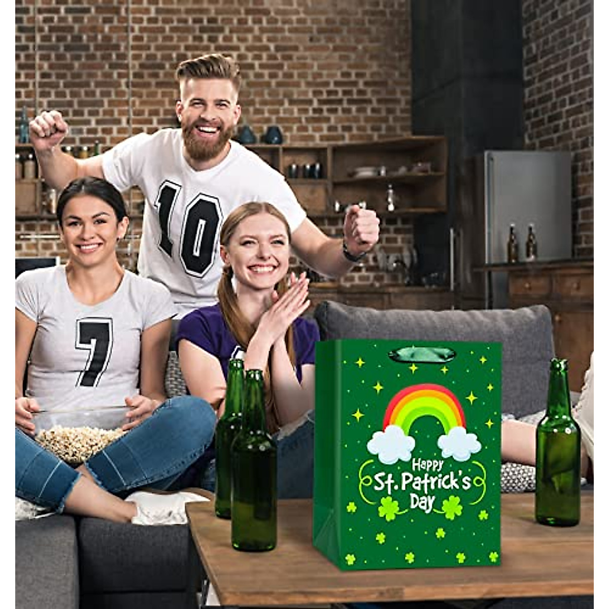 Hohomark St Patrick's Day Gift Bags 13" Large Irish Shamrock Bag with Tissue Paper Green Clover Gift Wrapping Bag Kids Classroom Party Favor Supplies