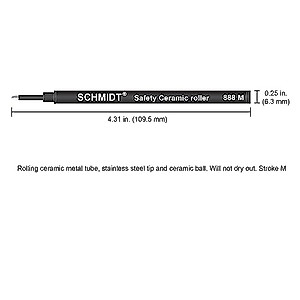 SCHMIDT 888 Ceramic Rollerball Plastic Tube Refill Medium Point 0.7mm, Black, 2 Pack Blister (SC58111)