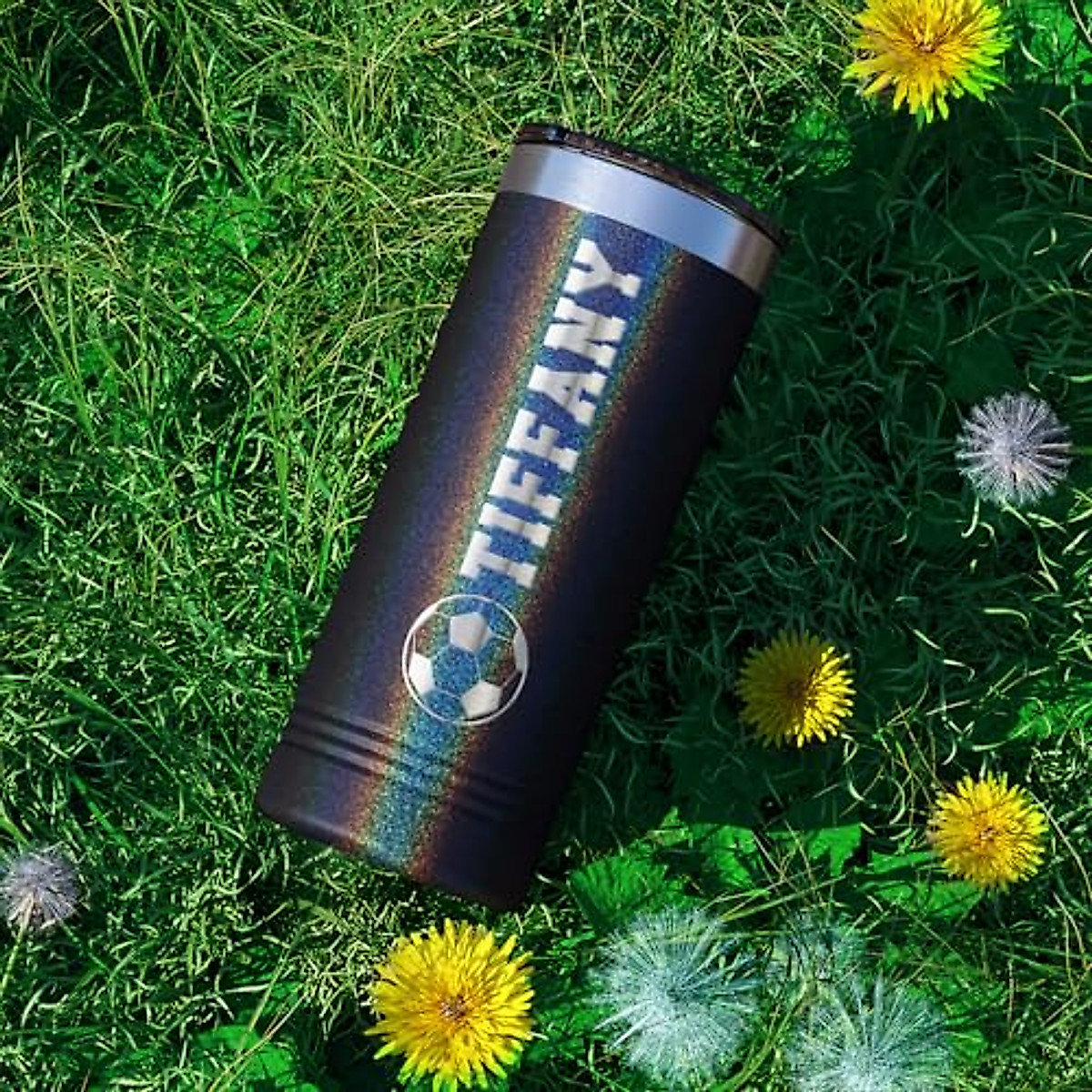 Personalized Soccer Ball Tumbler with Lid Laser Engraved on Black Glitter 22 oz Stainless Steel Insulated Cup Birthday Gift for Men, Women, Sports Lover