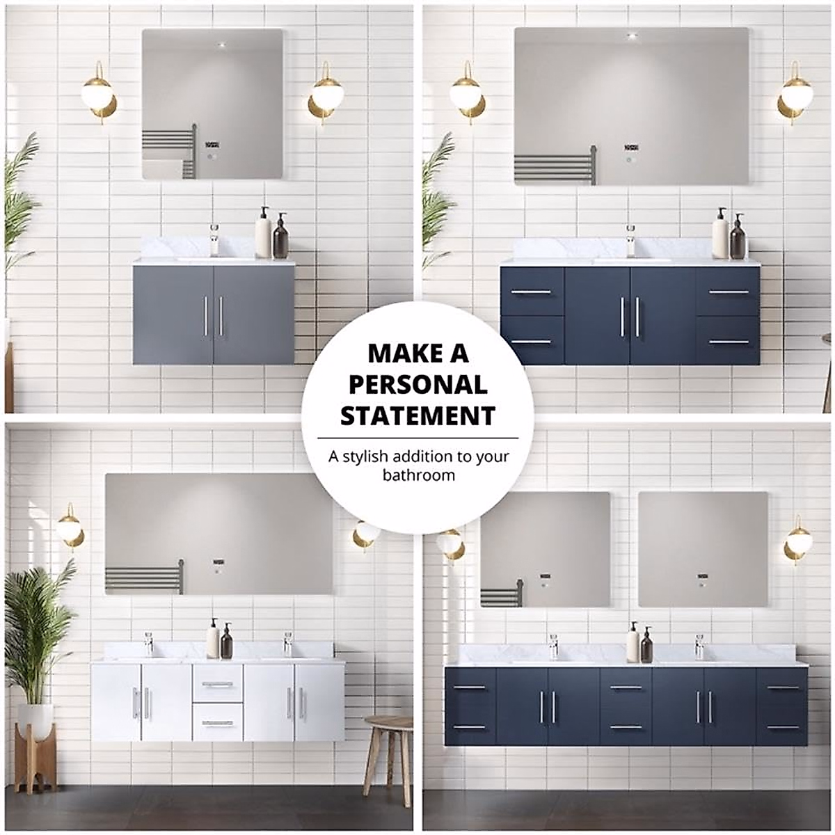 Lexora Geneva 72 in. W x 22 in. D Navy Blue Double Bath Vanity and 30 in. LED Mirrors