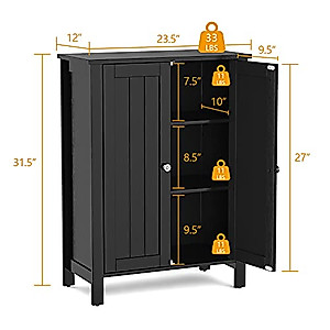 GOFLAME Bathroom Floor Cabinet, Freestanding Storage Organizer Cabinet with 3-Tier Adjustable Shelf and Double Doors, Wooden Side Storage Cabinet for Bathroom, Living Room, Kitchen, Black